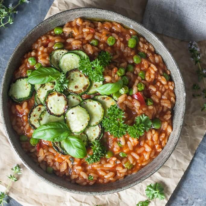 {Vegan} Creamy Grilled Zucchini Tomato Risotto - Vibrant plate