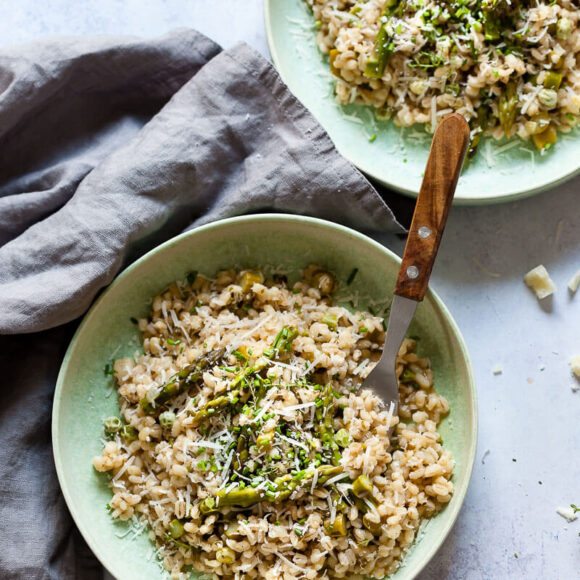 Vegan Barley Asparagus Risotto with Peas - Vibrant plate