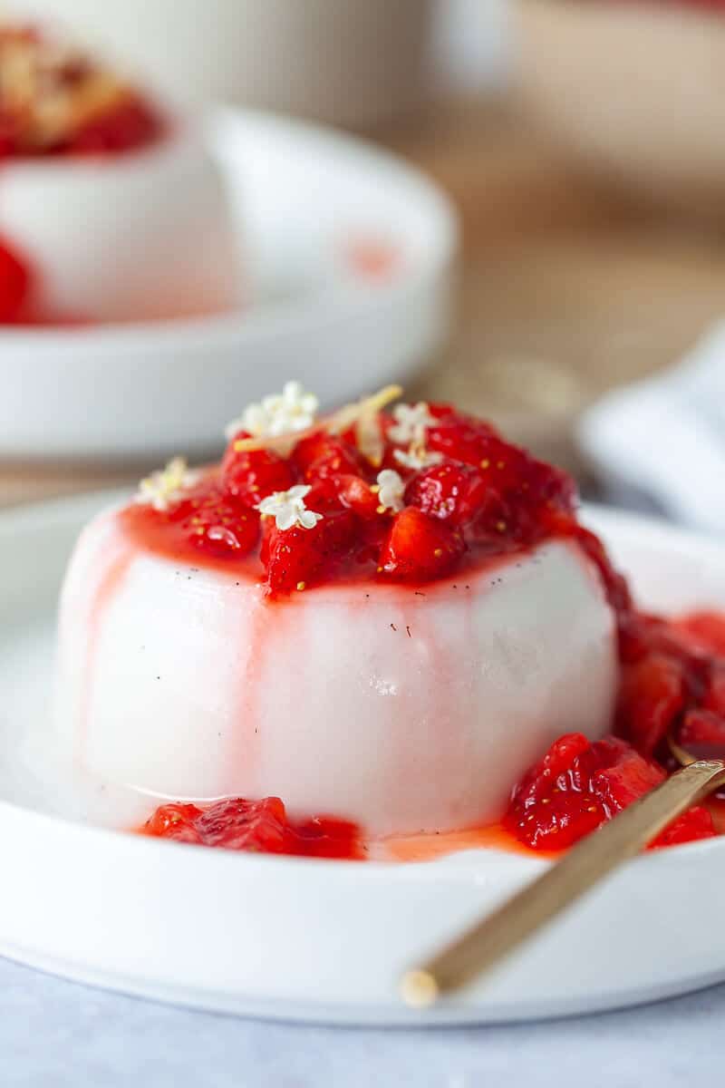 Vegan Coconut Panna Cotta with Strawberry Sauce - Vibrant plate