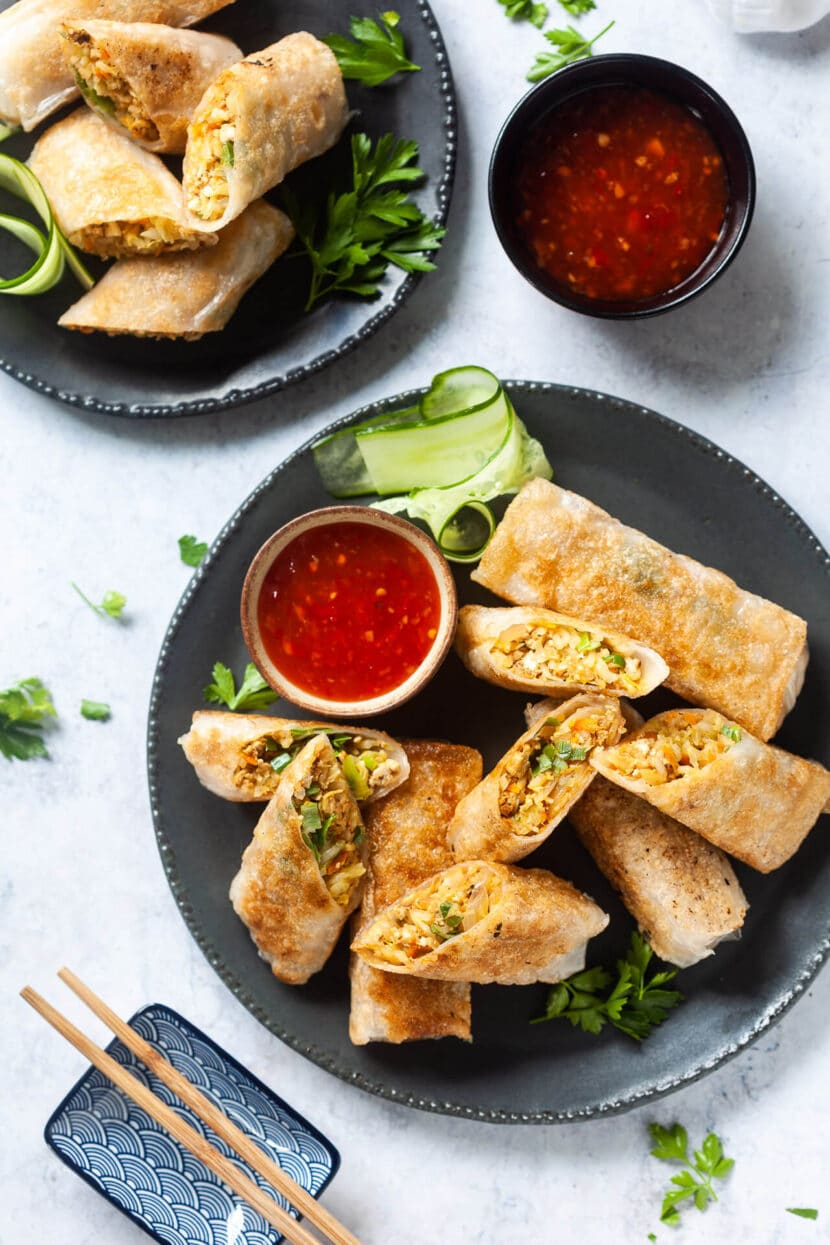 Crispy Pan-Fried Tofu Spring Rolls - Vibrant plate