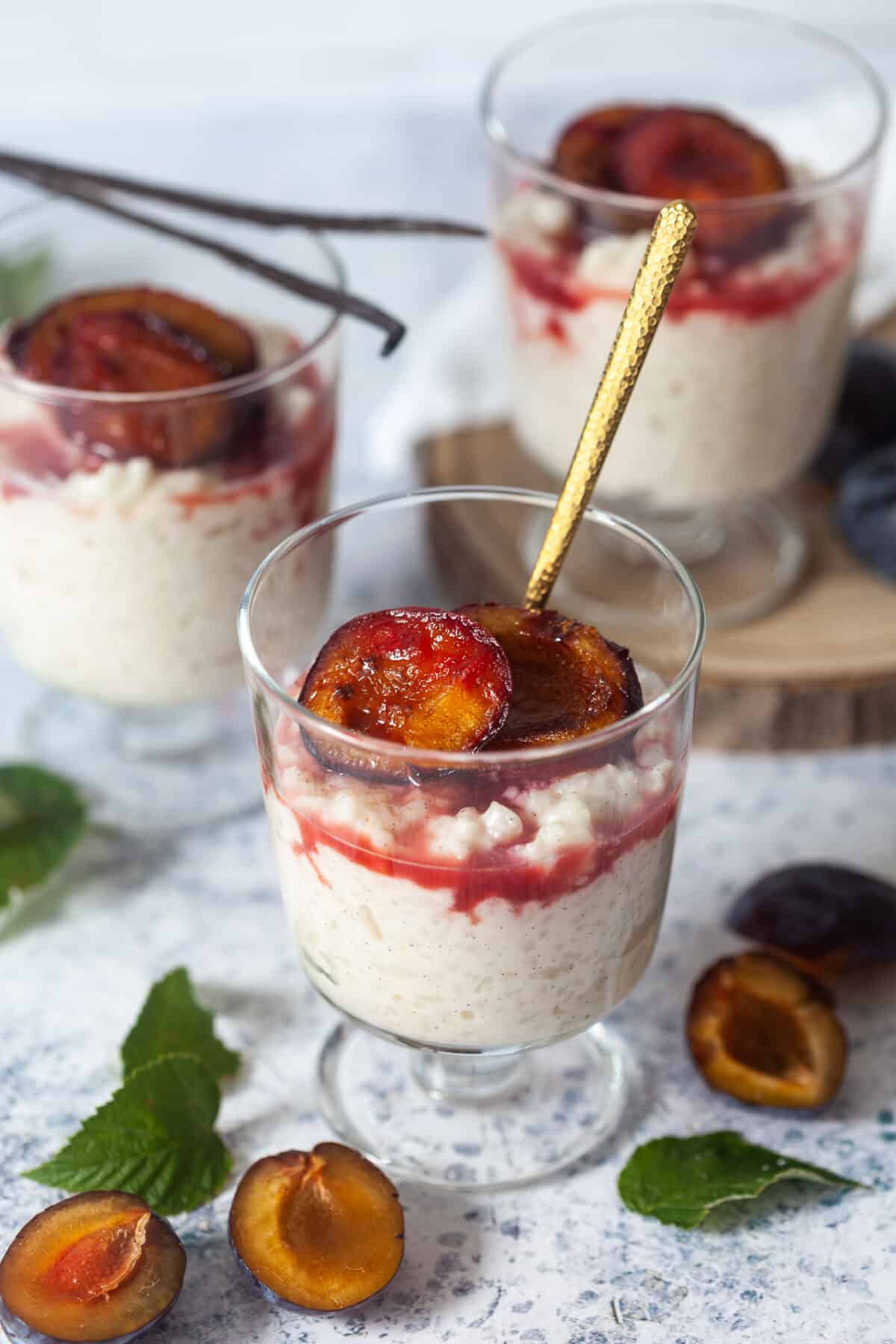 Rice Pudding with Baked Plums - Vibrant plate