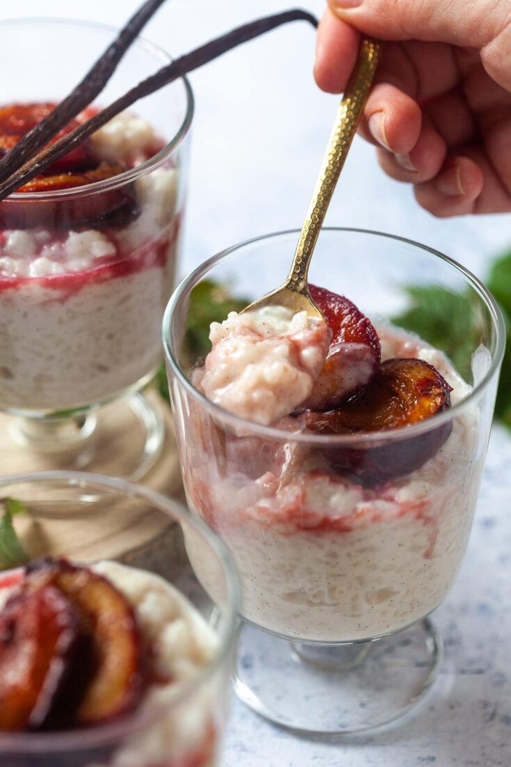 Rice Pudding with Baked Plums - Vibrant plate